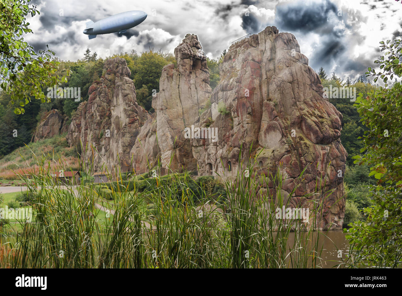 Airship, zeppelin flying over the Externsteine, taking photo taken in ...