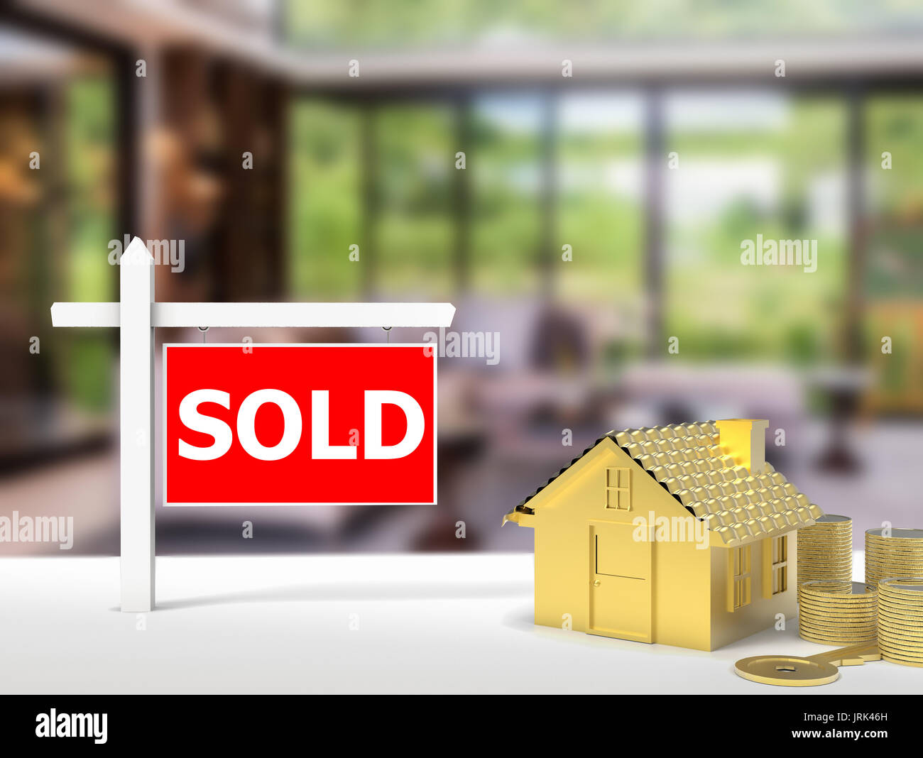 3d rendering sold house sign with gold house model Stock Photo - Alamy