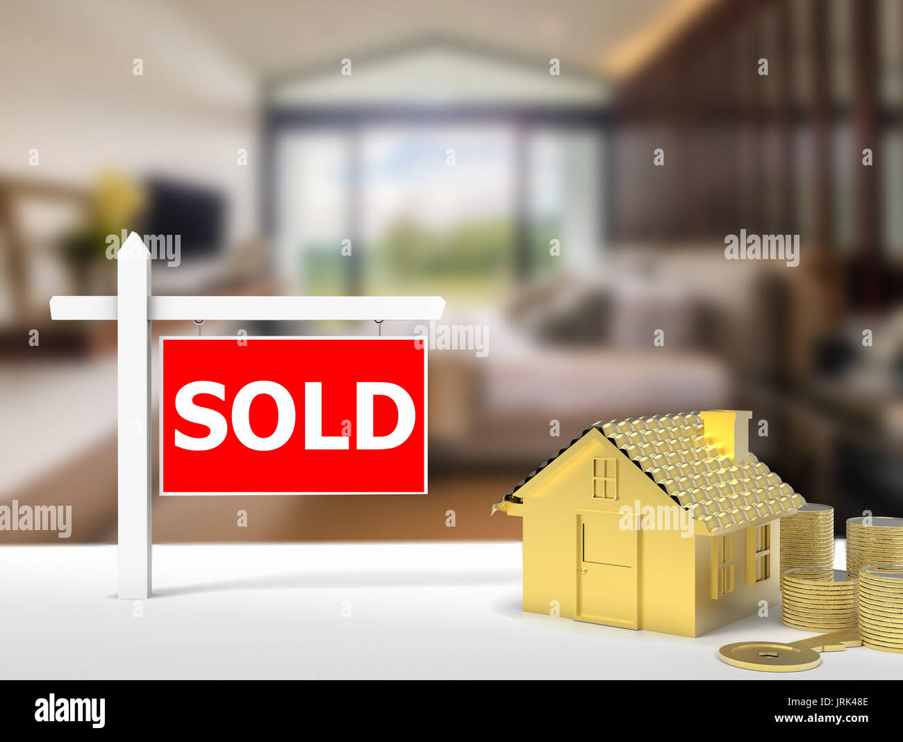 3d rendering sold house sign with gold house model Stock Photo - Alamy