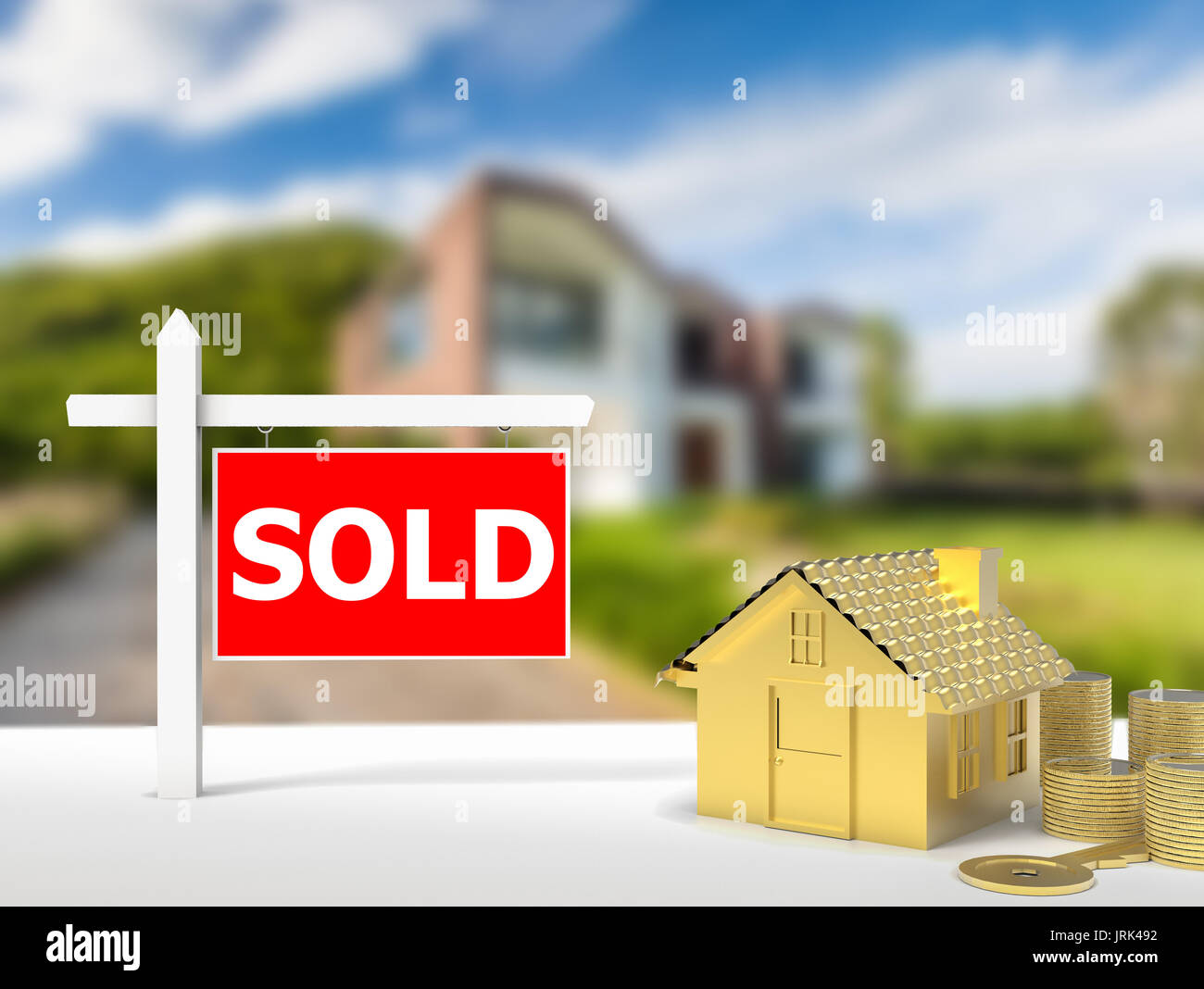 3d rendering sold house sign with gold house model Stock Photo - Alamy