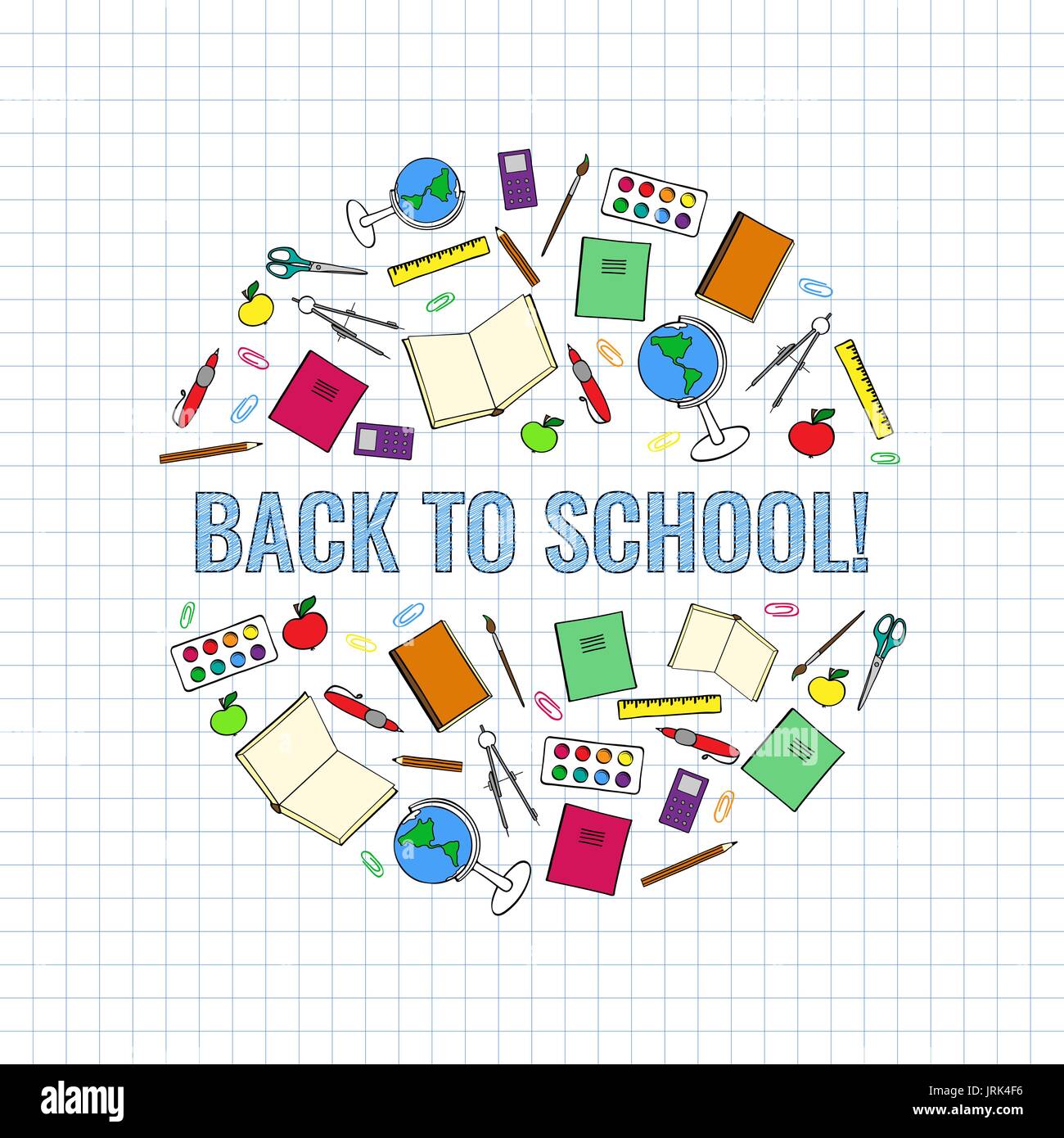 Set of colorful school-related items organized in a circle with a "Back ...