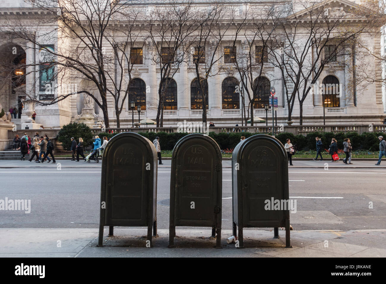 USPS cabinets on Fifth Avenue, with the New York Public Library as ...