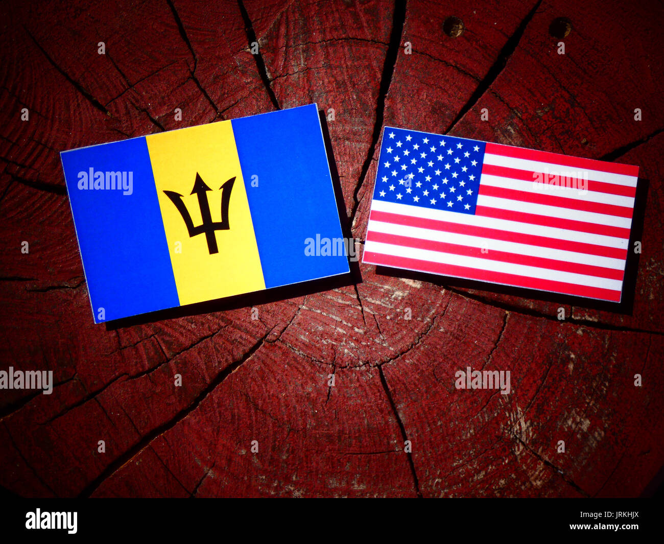 Barbados flag with USA flag on a tree stump isolated Stock Photo - Alamy