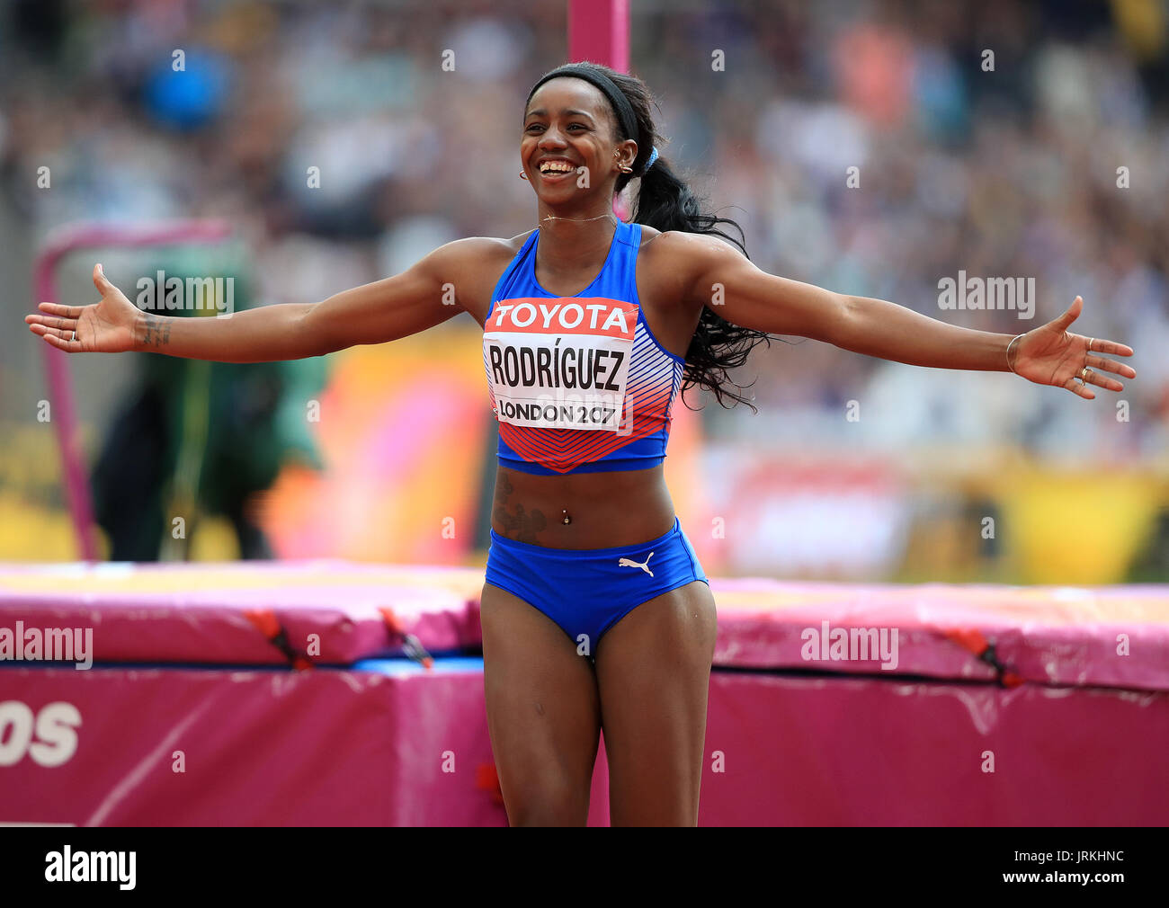 Cuba's Yorgelis Rodriguez celebrates during the Women's Heptathlon high ...