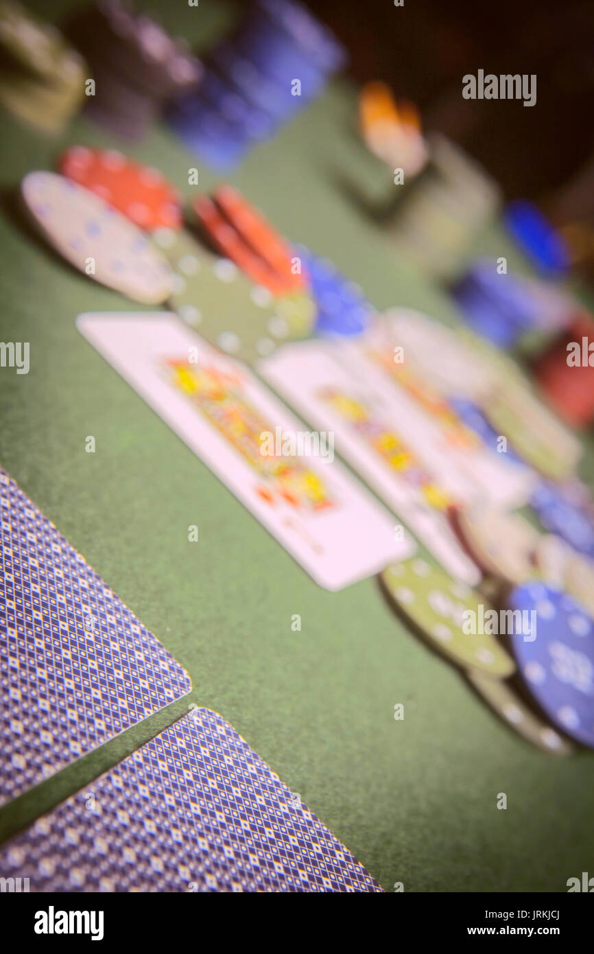 cards poker deck English, poker chips stack on green table Stock Photo ...