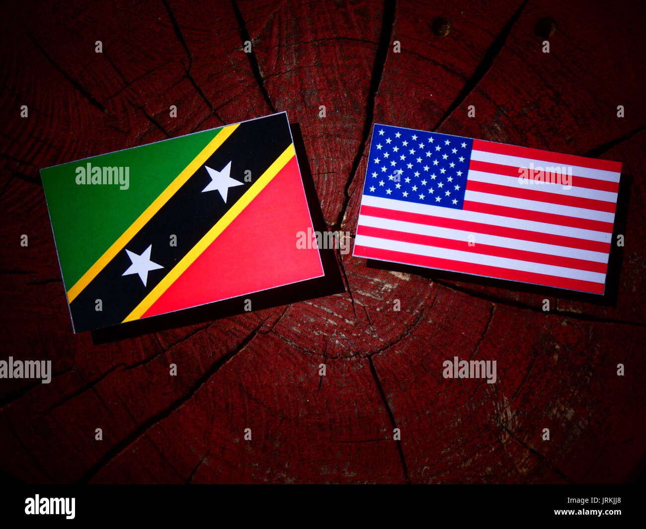 Saint Kitts and Nevis flag with USA flag on a tree stump isolated Stock ...