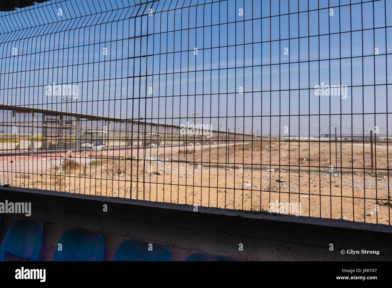 View from the waiting room, Gaza-side. A long concrete pathway connects ...