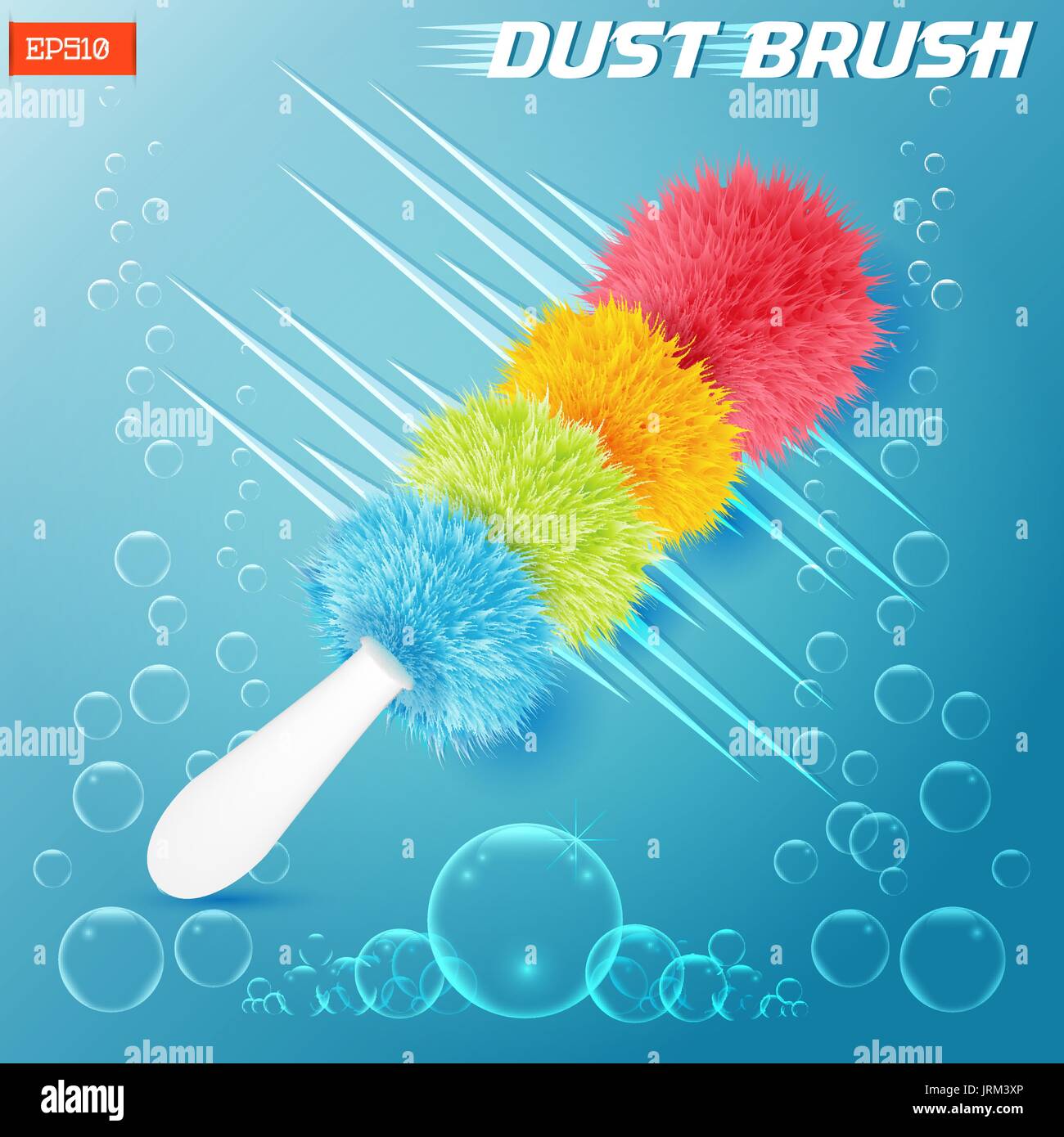 Realistic colored duster brush with illusion of motion on a clear blue ...