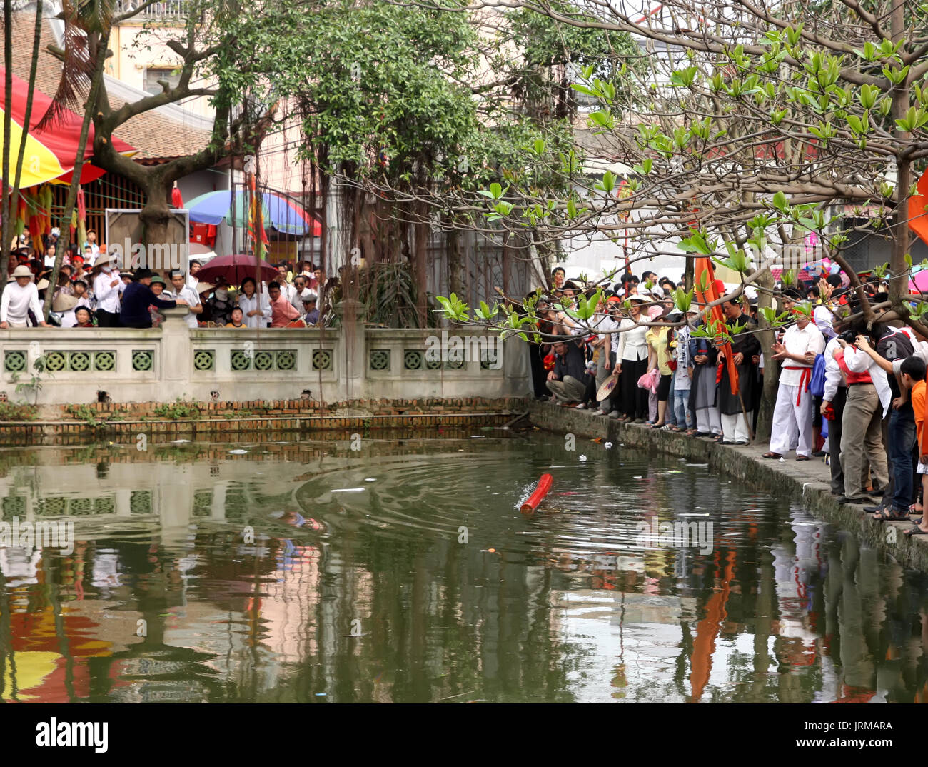 HAI DUONG, VIETNAM, April 12: group of people drop tree into the pond ...