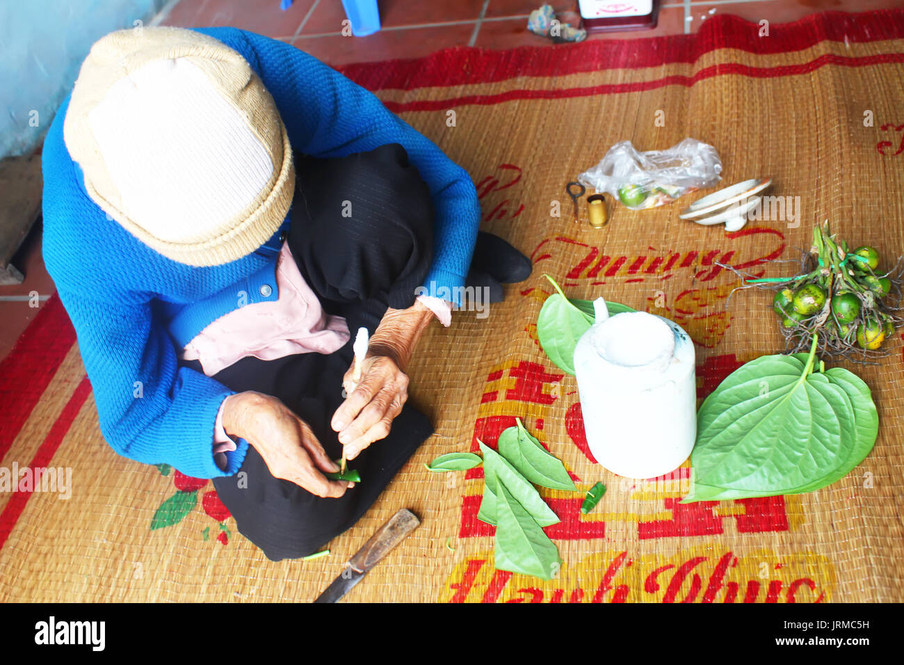Haiduong, Vietnam, December, 27, 2014: Woman making betel with betel ...