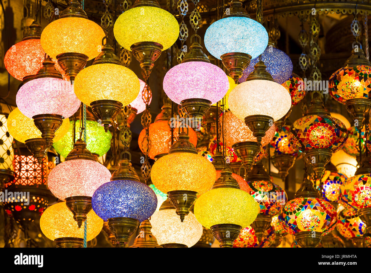 Traditional Asian lanterns of colored glass on the market Stock Photo ...