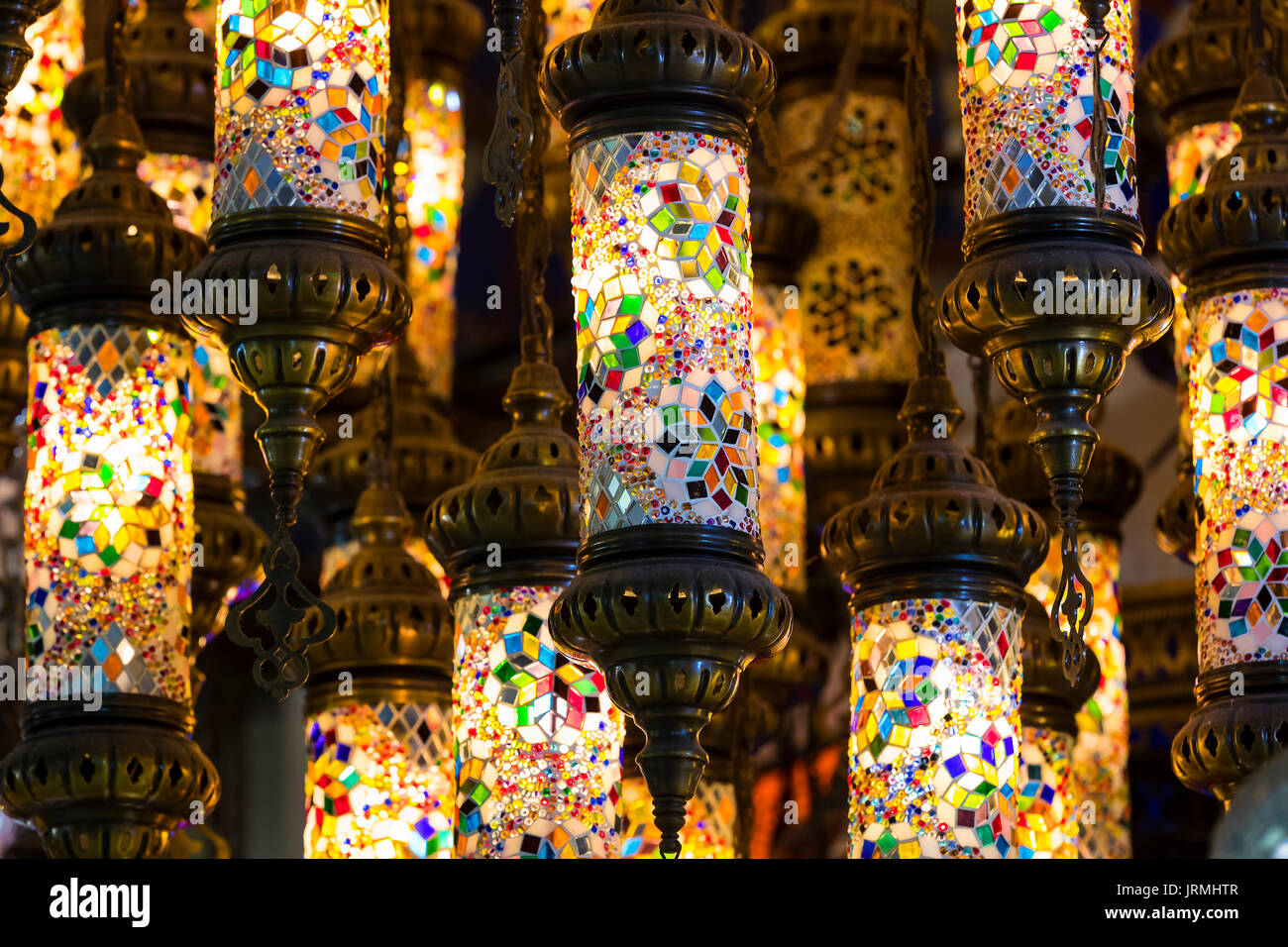 Traditional Asian lanterns of colored glass on the market Stock Photo ...