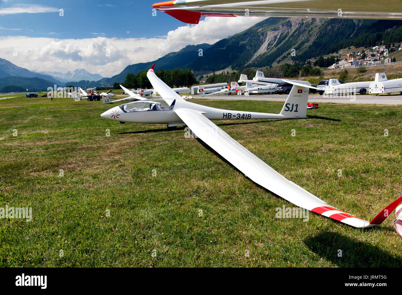 Gliders getting ready to fly in the mountains of St MORITZ Stock Photo ...