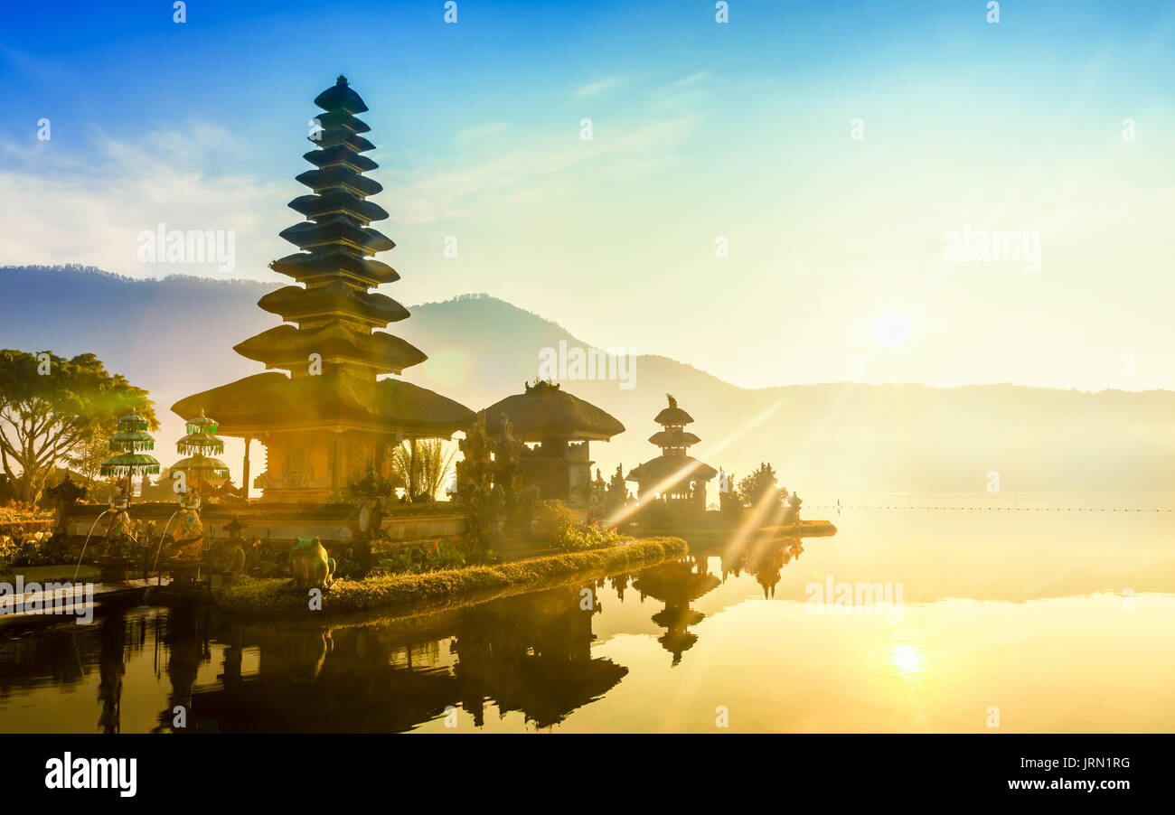 Pura Ulun Danu Bratan, Hindu temple on Bratan lake landscape, one of ...