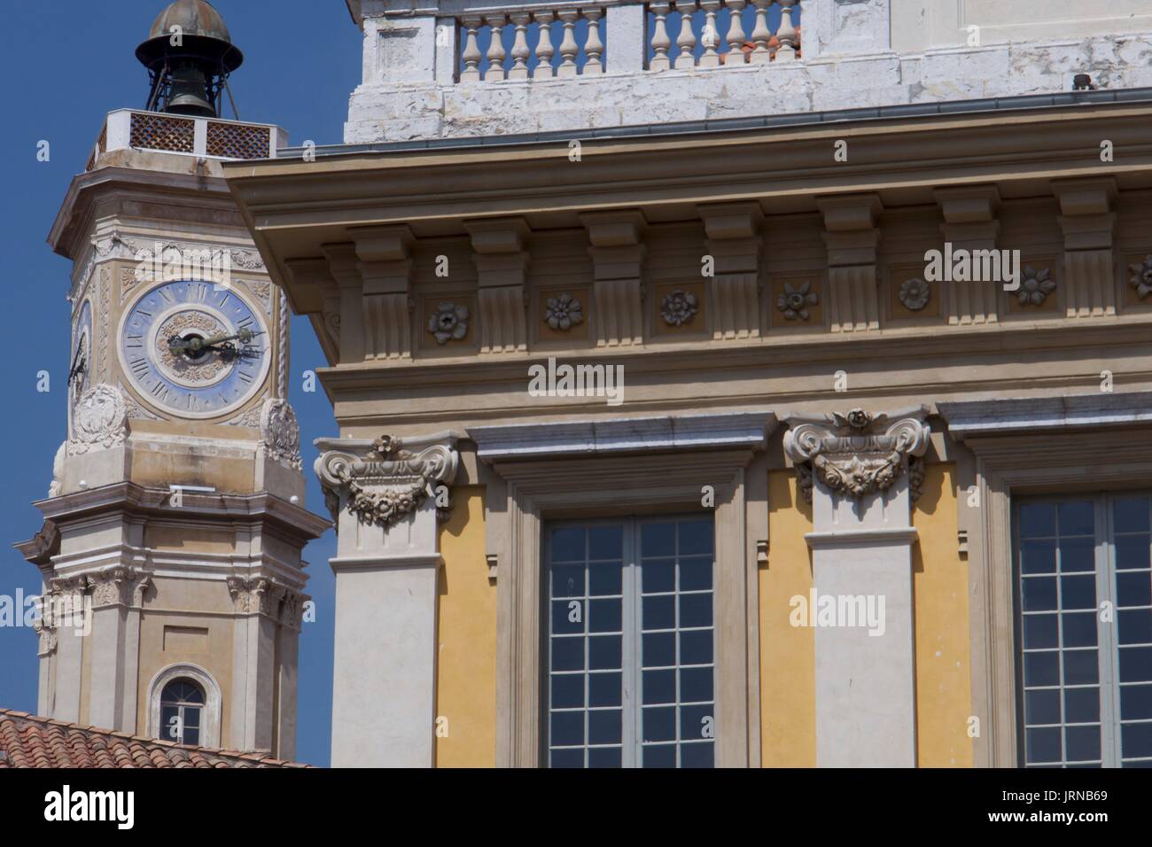 Architectural detail of clock tower and grand facade, Nice, France ...