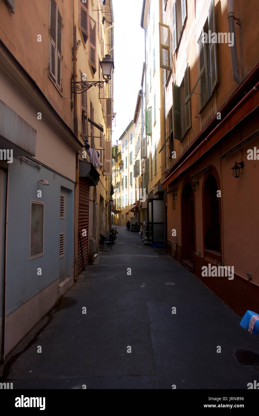 Old town narrow alleyway and apartment exteriors, Nice, France Stock ...