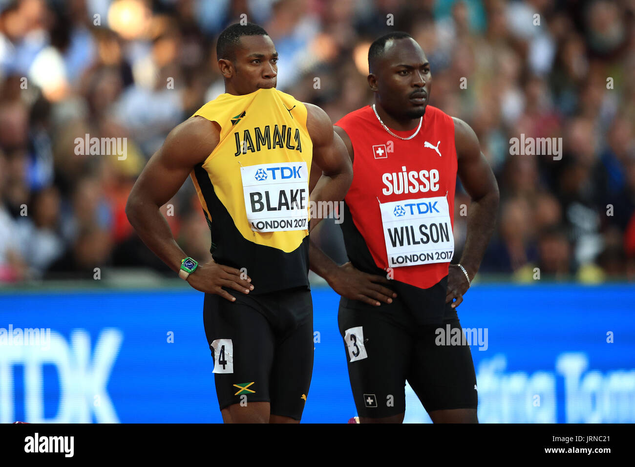Jamaica's Yohan Blake (left) alongside Switzerland's Alex Wilson before ...