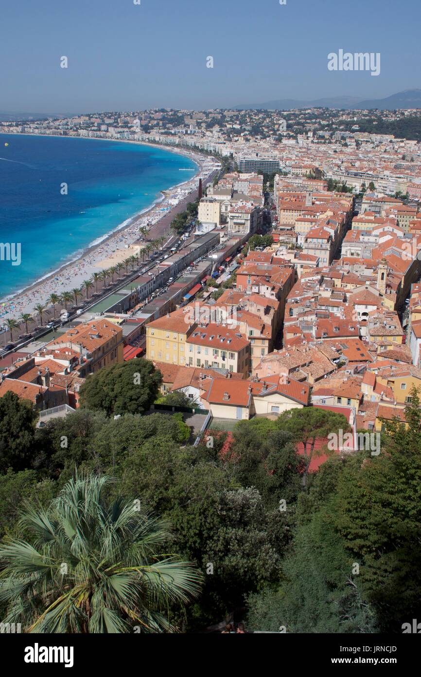 High angle cityscape with rooftops and coastline, Nice, France Stock ...