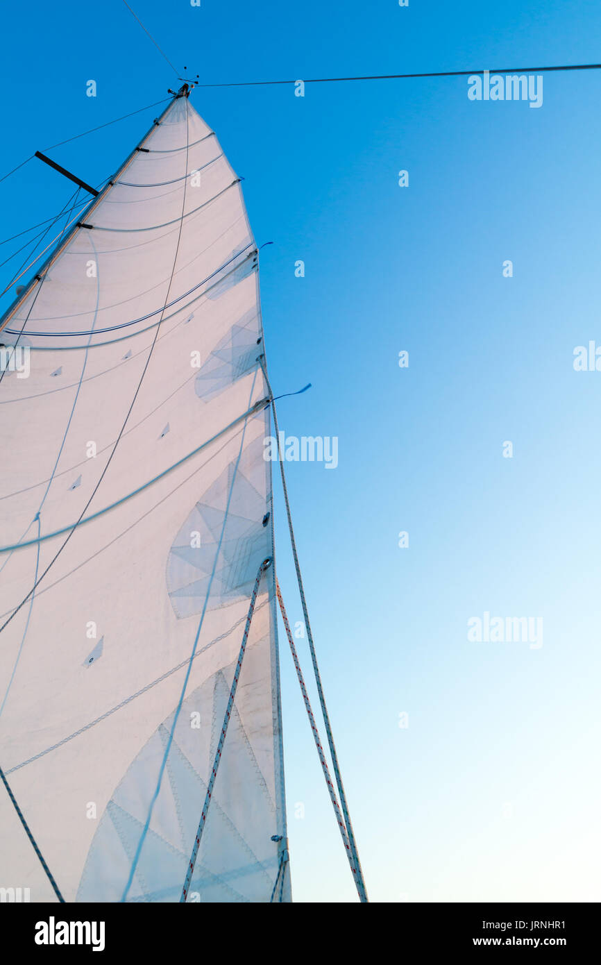 Part of hoisted mainsail of sailing boat with leech, rigging and ...