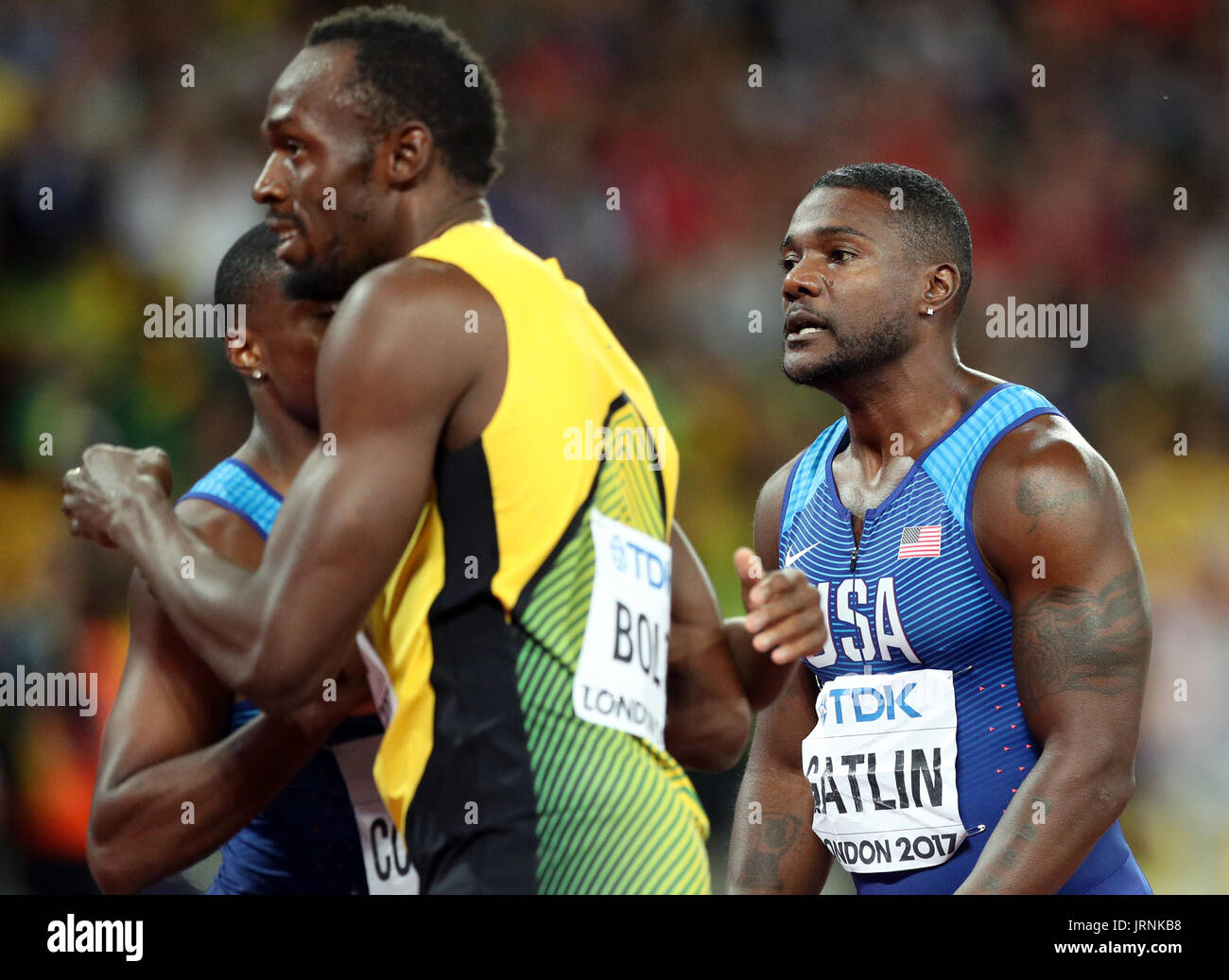 USA's Justin Gatlin celebrates winning the Men's 100m Final whilst ...