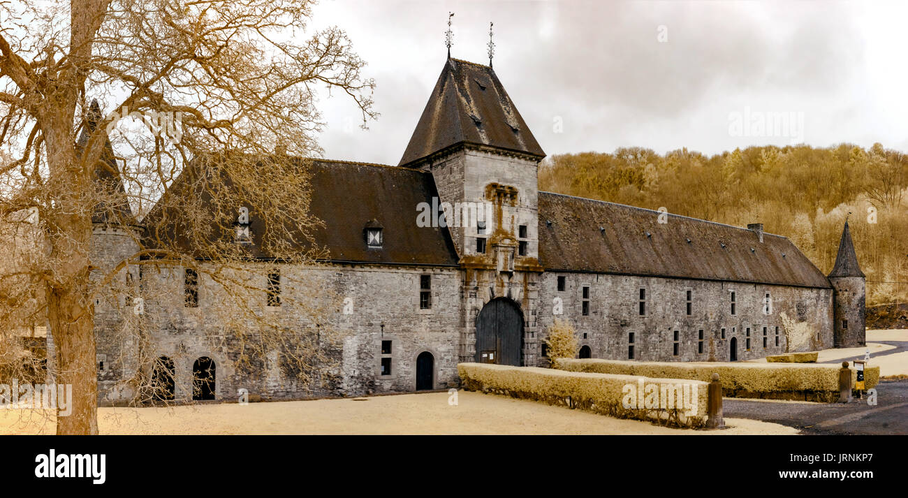 Medieval belgian castle in infrared view, Spontin, Belgium Stock Photo ...