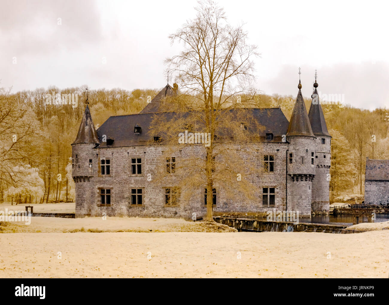 Medieval belgian castle in infrared view, Spontin, Belgium Stock Photo ...