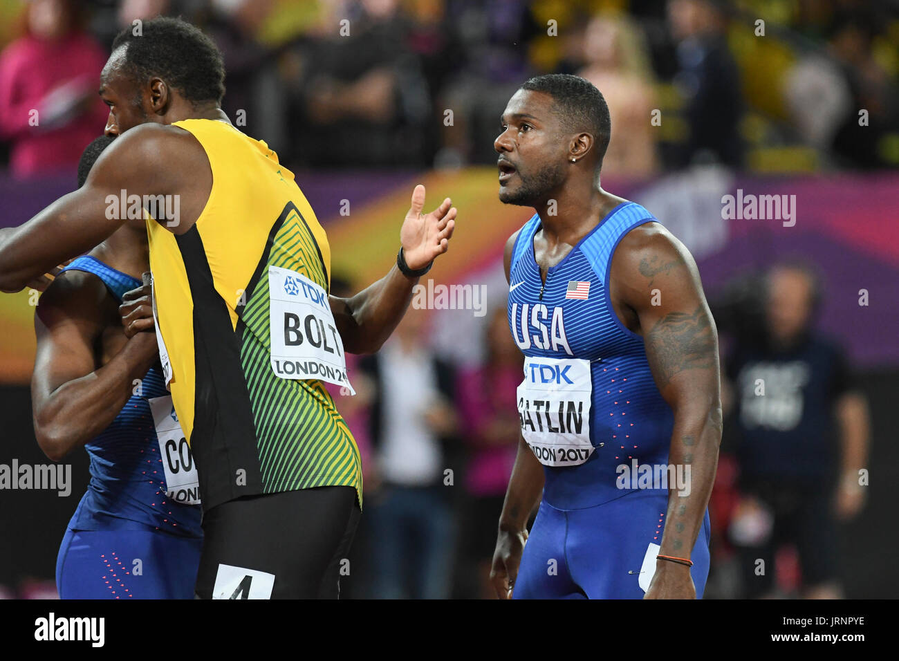 London, UK. 5 August 2017. Christin Coleman, Usain Bolt and Justin ...