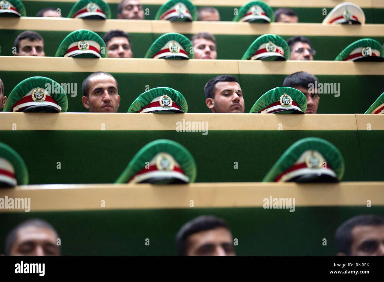 Tehran, Iran. 5th Aug, 2017. Iranian soldiers attend Hassan Rouhani's ...