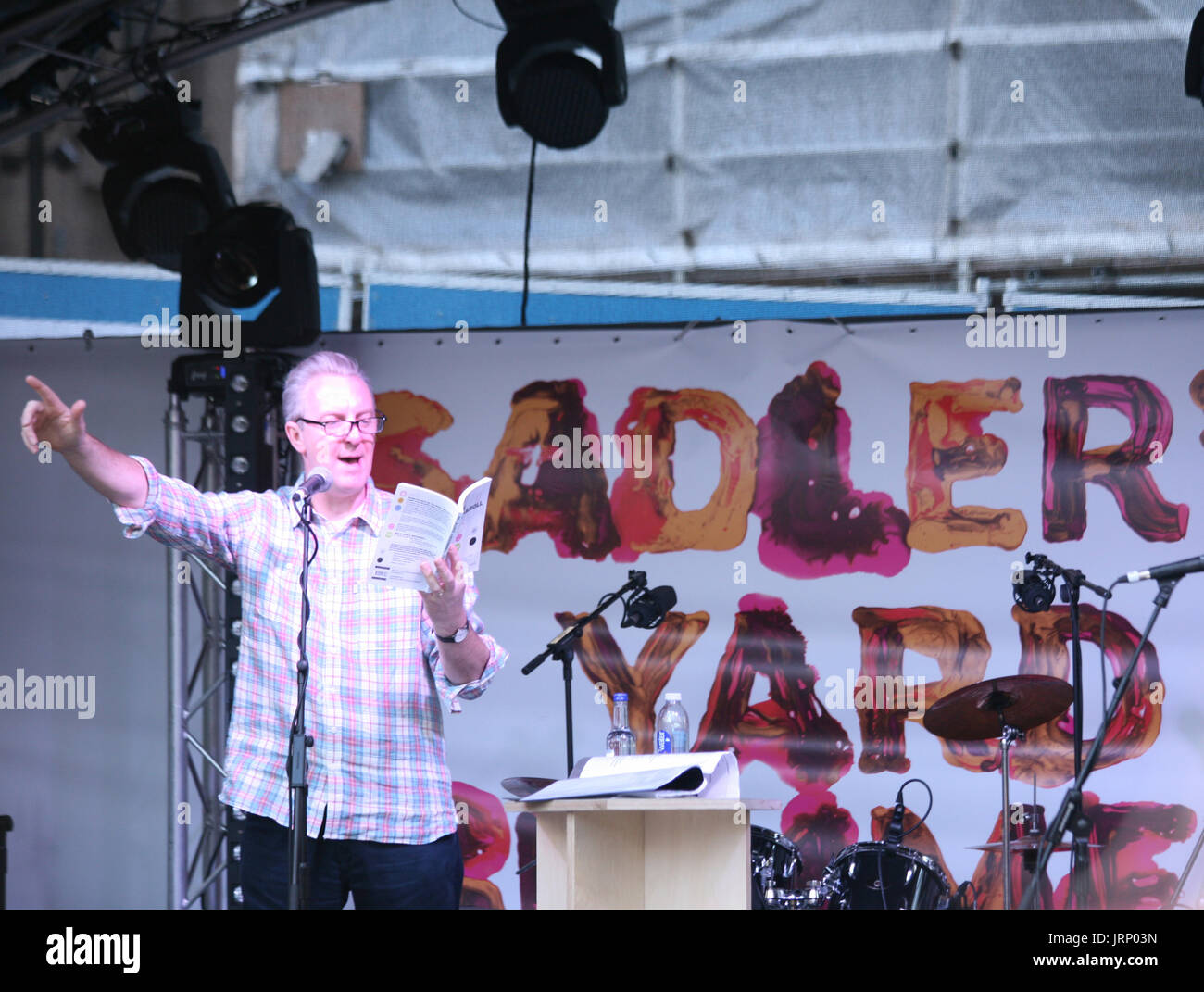 Manchester, UK, 5 August 2017. Tony Walsh, aka Longfella, reciting his ...