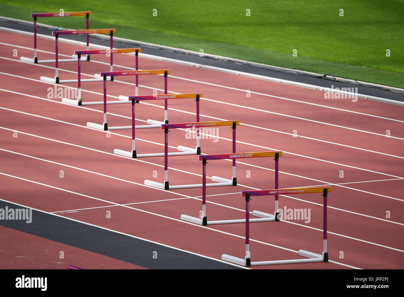 London, UK. 6 August 2017. Hurdles laid out for the Mens 400m hurdles ...