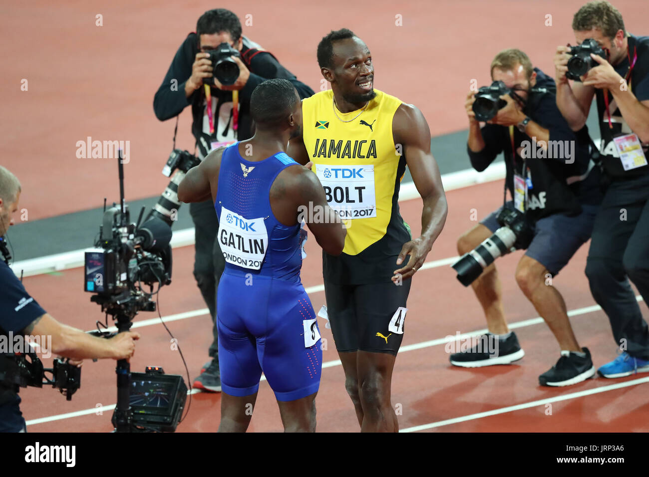 London, UK. 5th Aug, 2017. (L to R) Justin Gatlin (USA), Usain Bolt ...