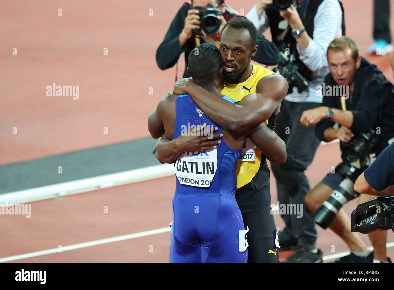 London, UK. 5th Aug, 2017. (L to R) Justin Gatlin (USA), Usain Bolt ...