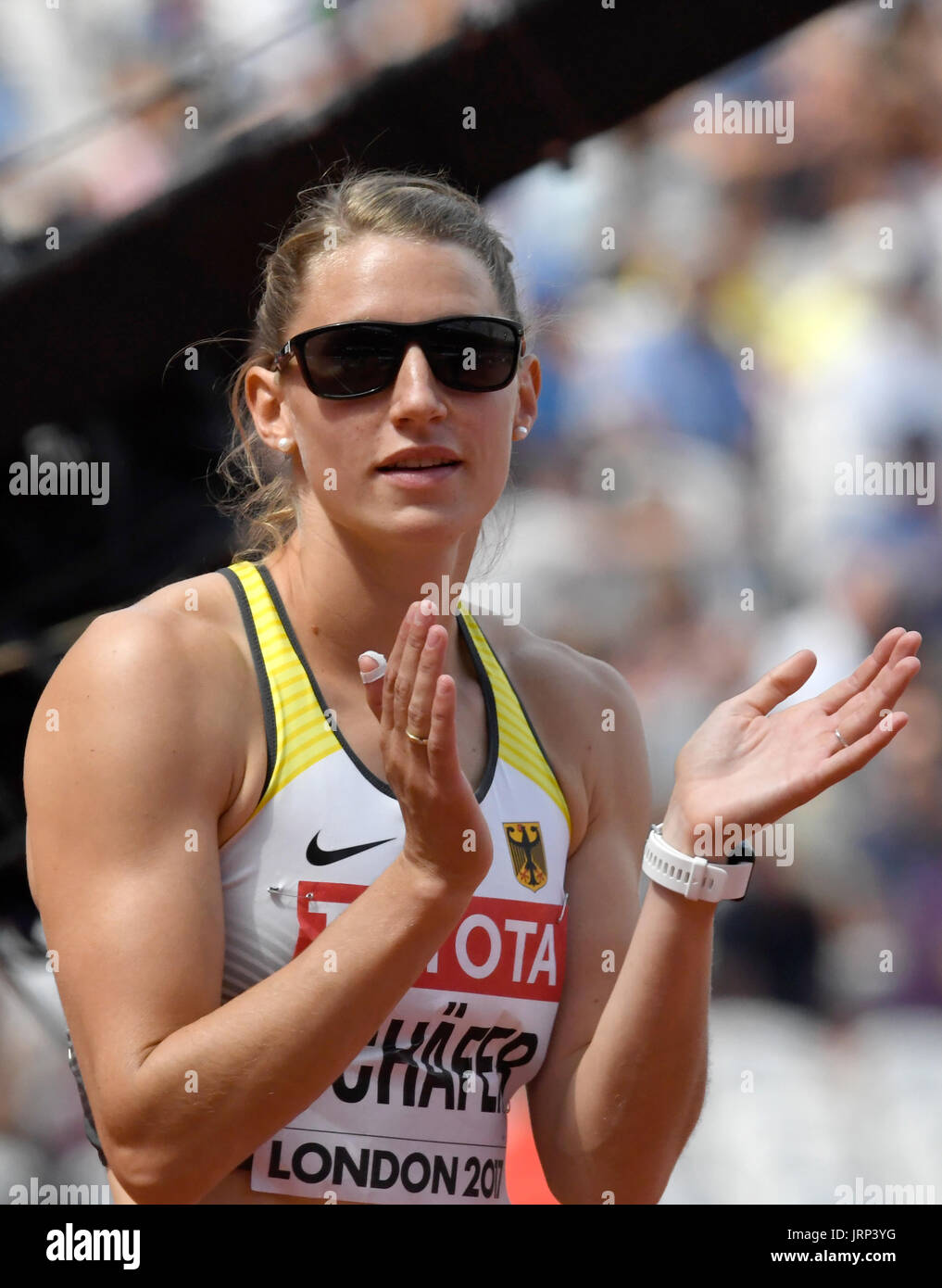 Carolin Schaefer of Germany claps during the javelin event of the ...