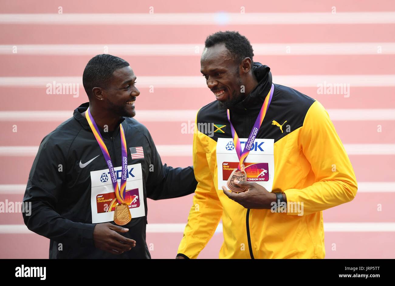 London, UK. 06th Aug, 2017. Usain Bolt (JAM, bronze, right) and Justin ...