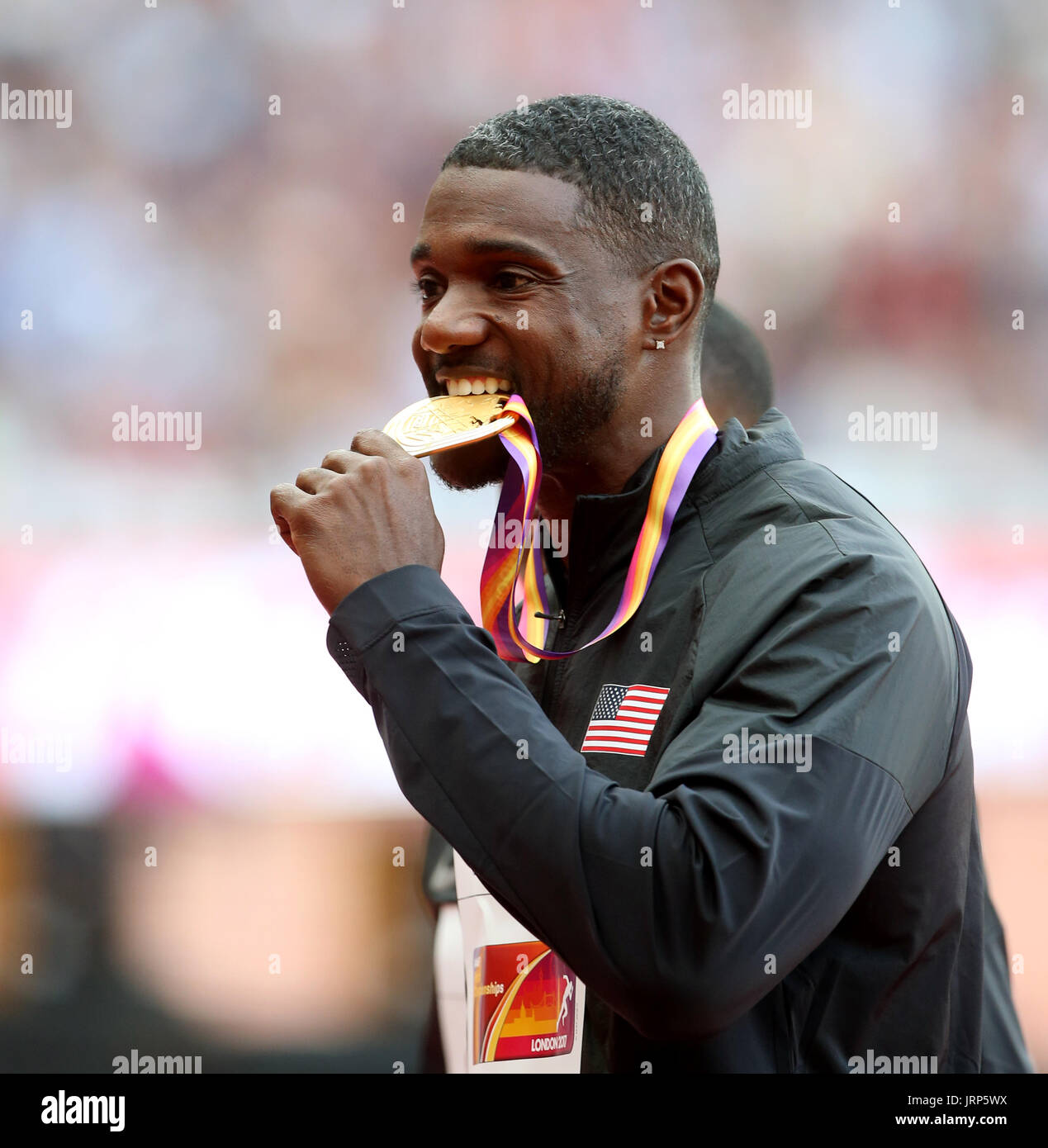 Justin Gatlin With Gold Medal 100 Medal Ceremony World Athletics ...