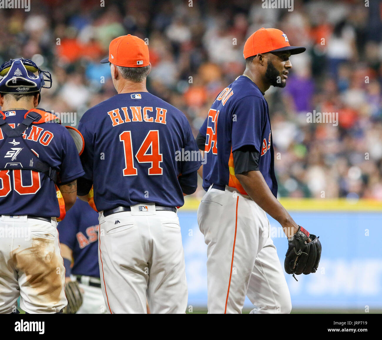 Houston Astros manager A.J. Hinch (14) relieves relief pitcher Reymin ...