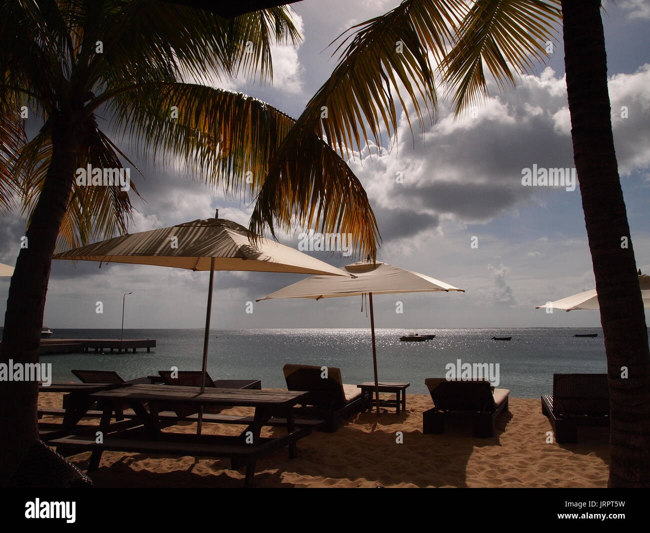 Beach chairs, tables and palm trees under a setting sun at Crocus Bay ...
