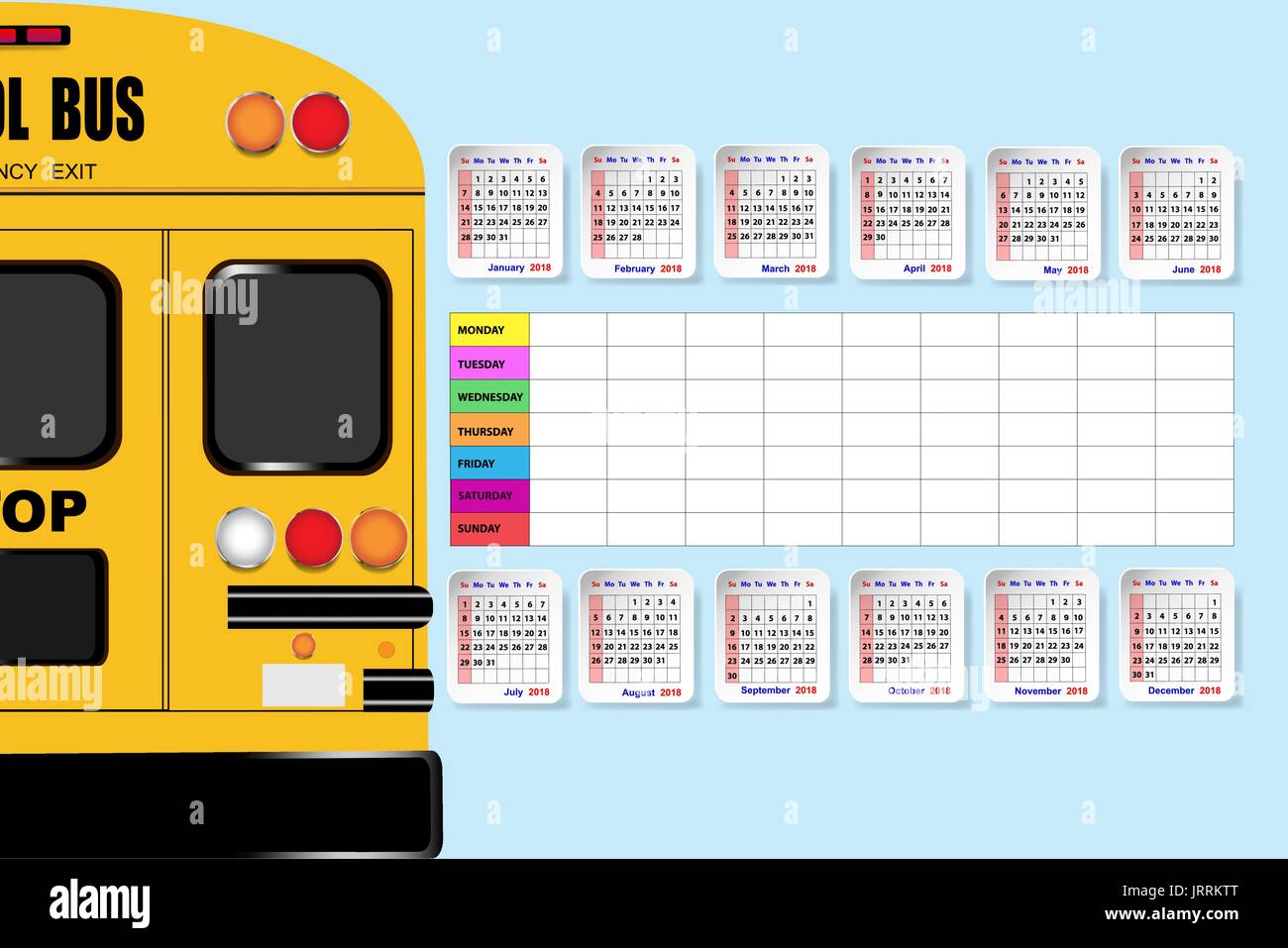 School bus in the left side of the vector with annual calendar and ...