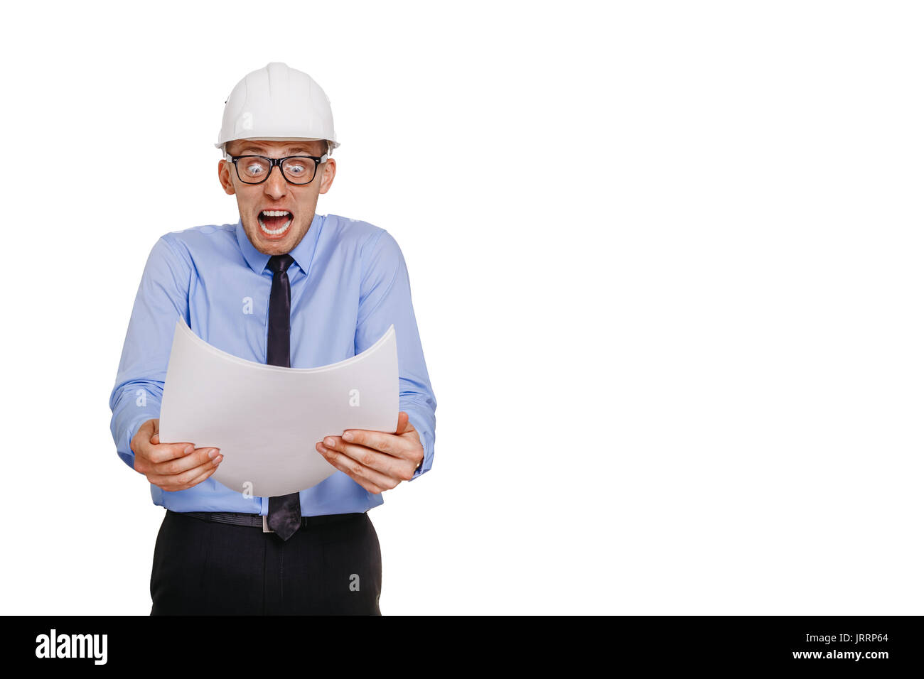 Architect engineer is horrified by the blueprint. Emotion concept ...