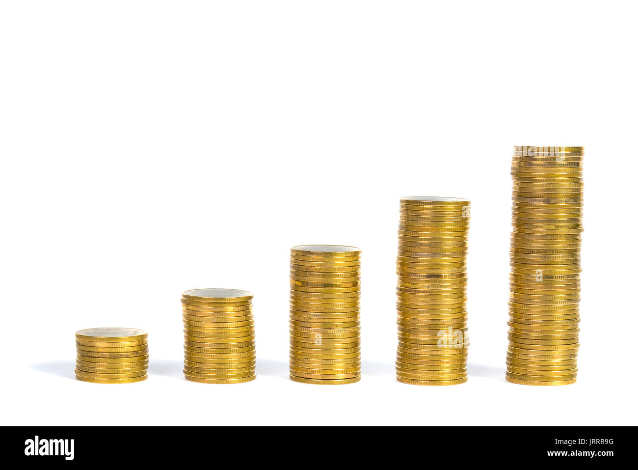 Savings, increasing columns of gold coins, piles of gold coins arranged ...