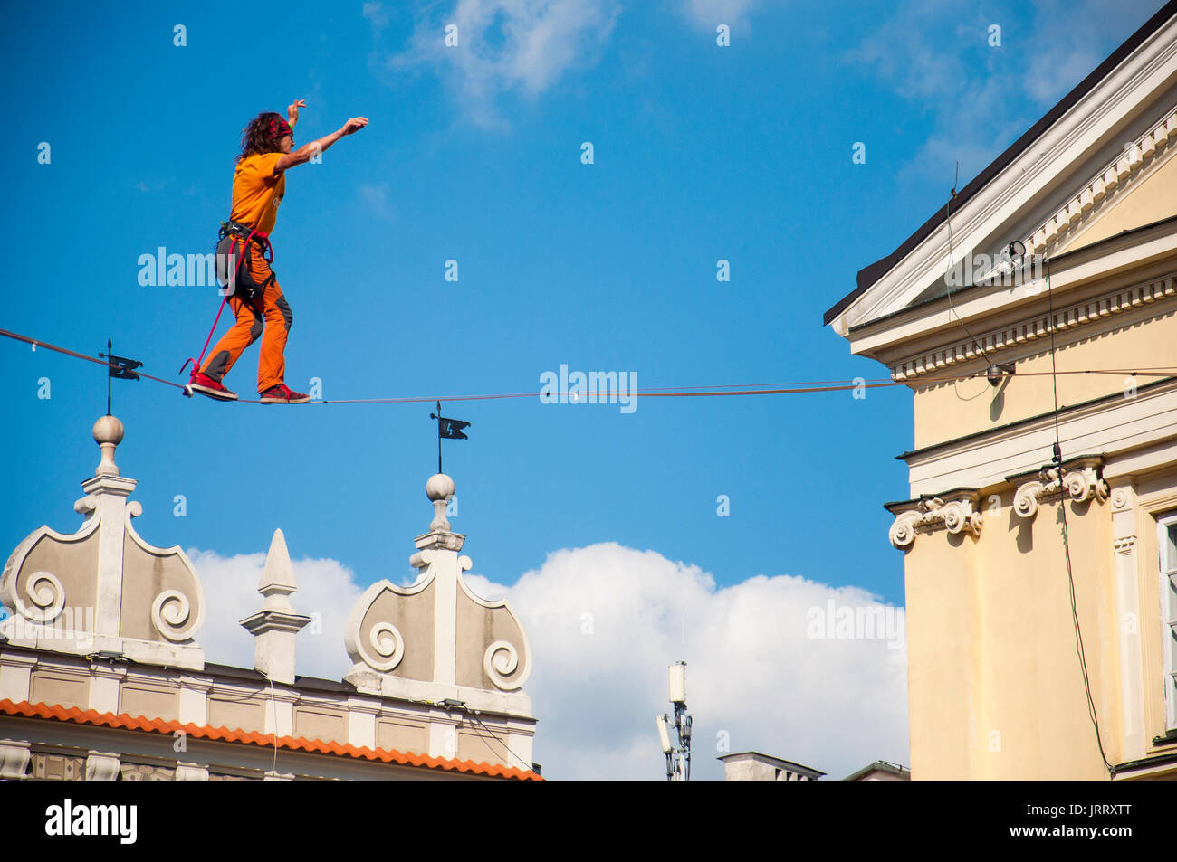 LUBLIN, POLAND- 29 july 2017- slackliner in old town at Urban Highline ...