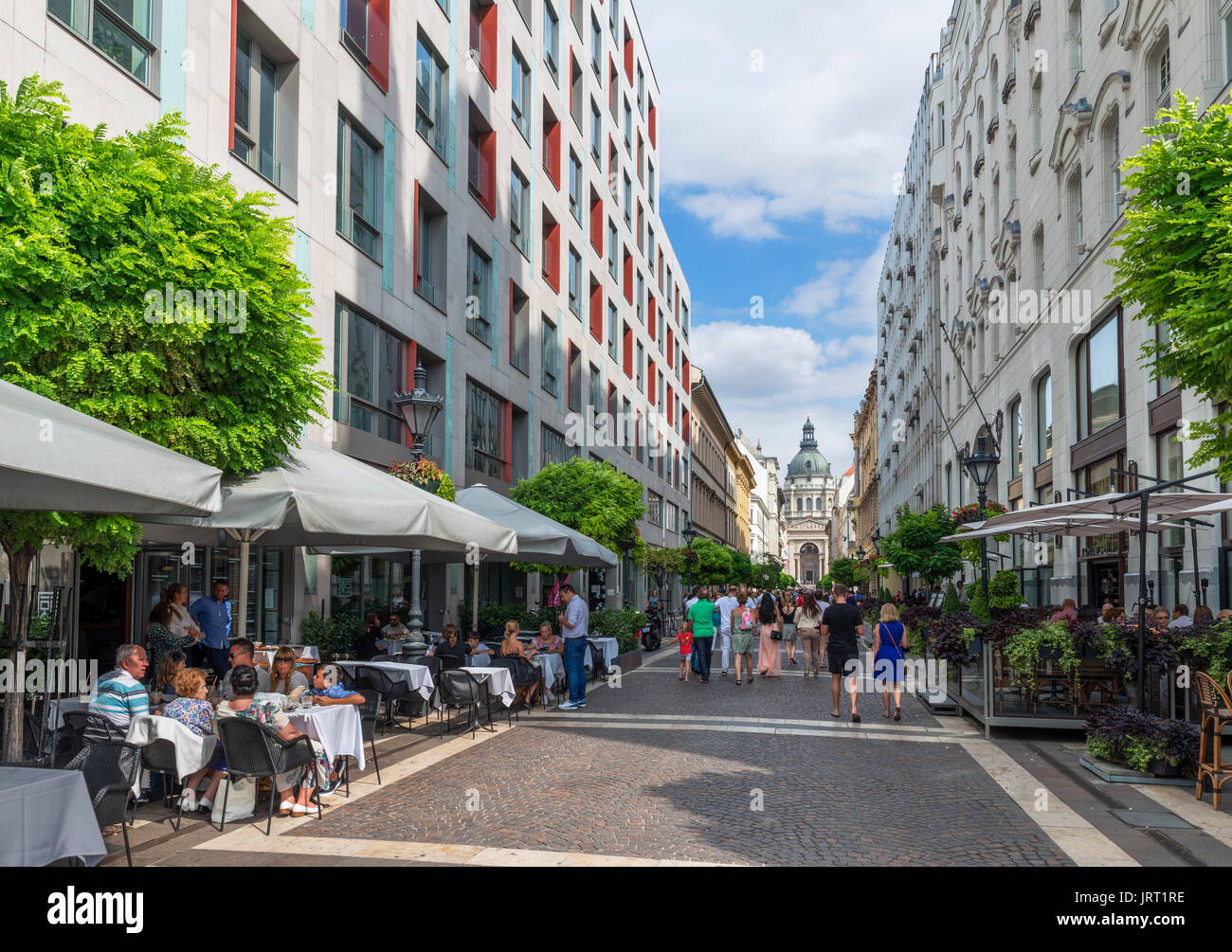 Cafes on Zrinyi Utca looking towards the Basilica of St Stephen ...