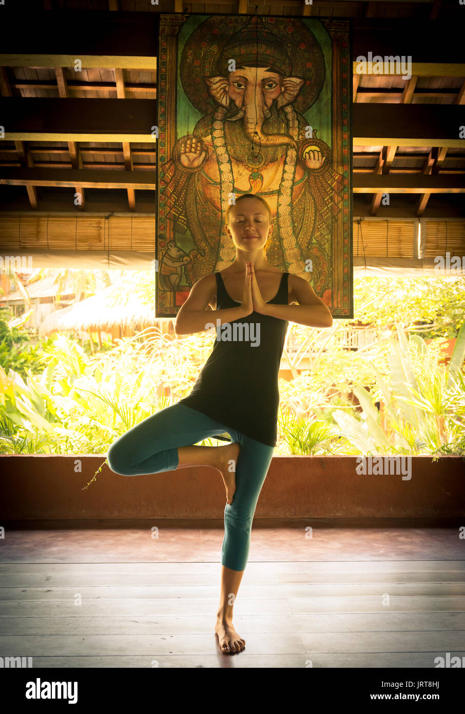 Woman doing vrksasana - tree pose Stock Photo - Alamy