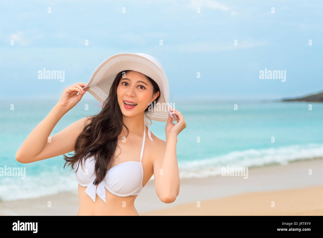 Asian Chinese Beautiful Bikini Woman Travel To Tropical Countries