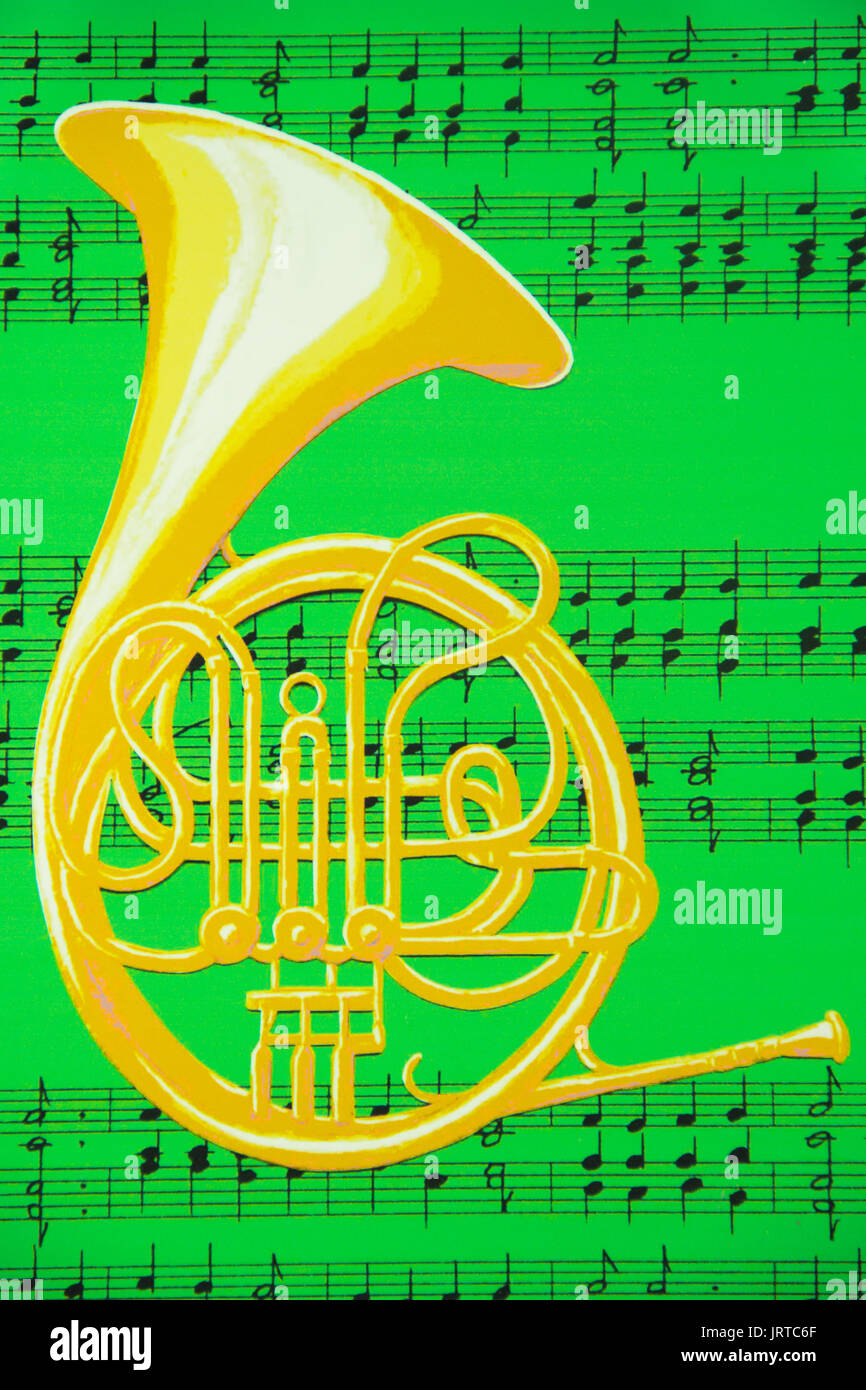 A brass French horn is against a background of music notes on a green ...