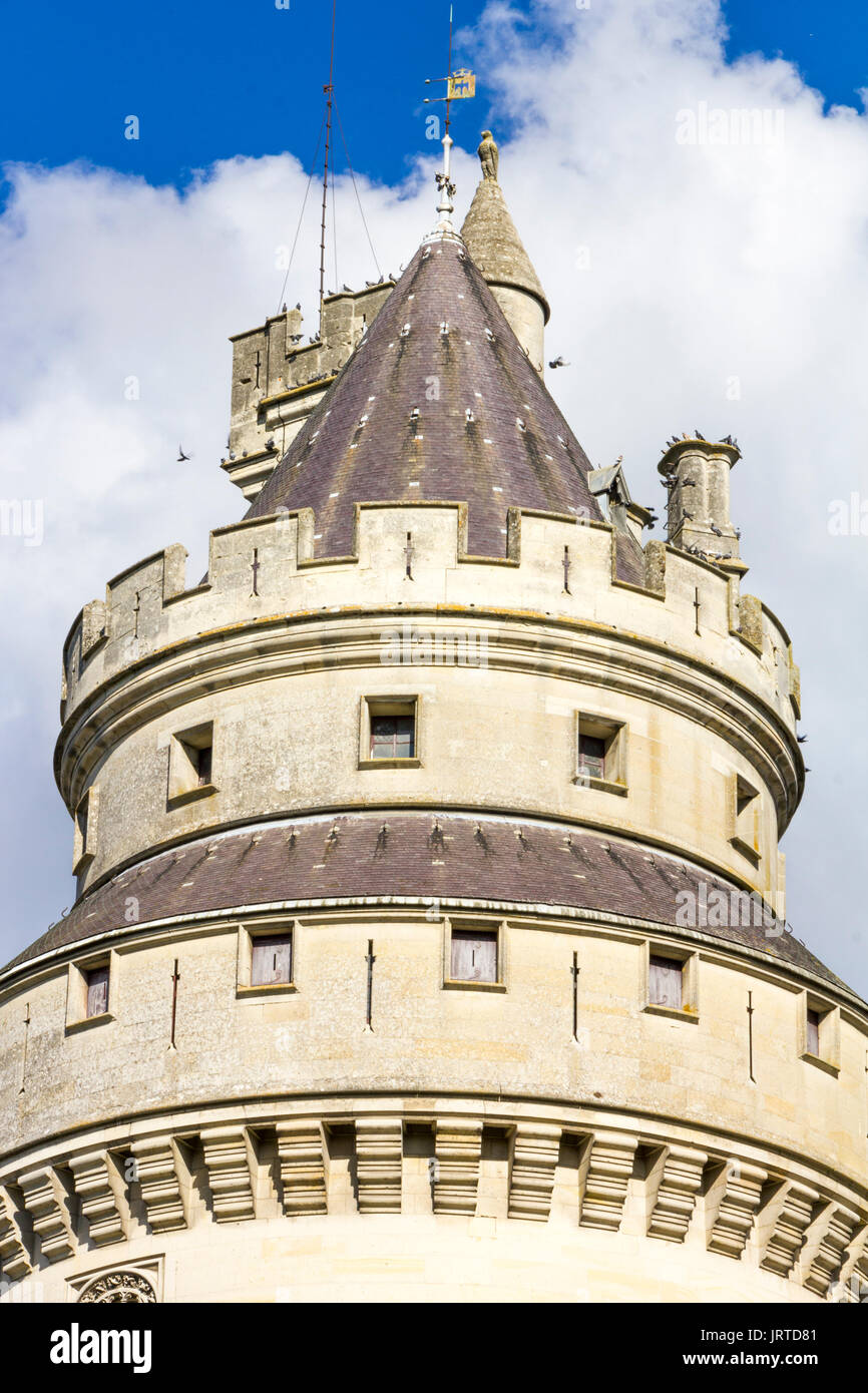 Turret with pigeons at the medieval castle of Pierrefonds, Picardy ...