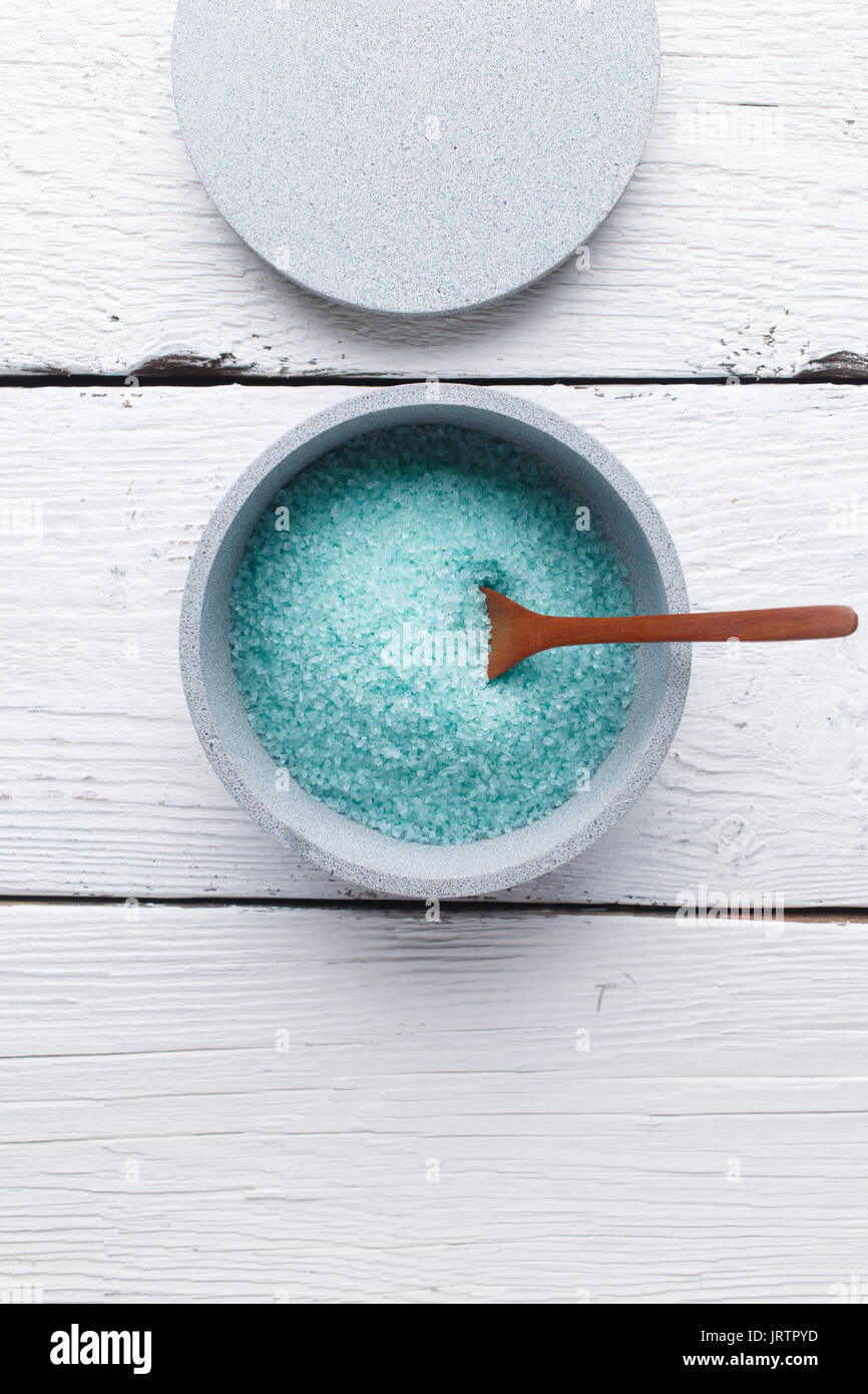 Bath salt on wooden table Stock Photo - Alamy