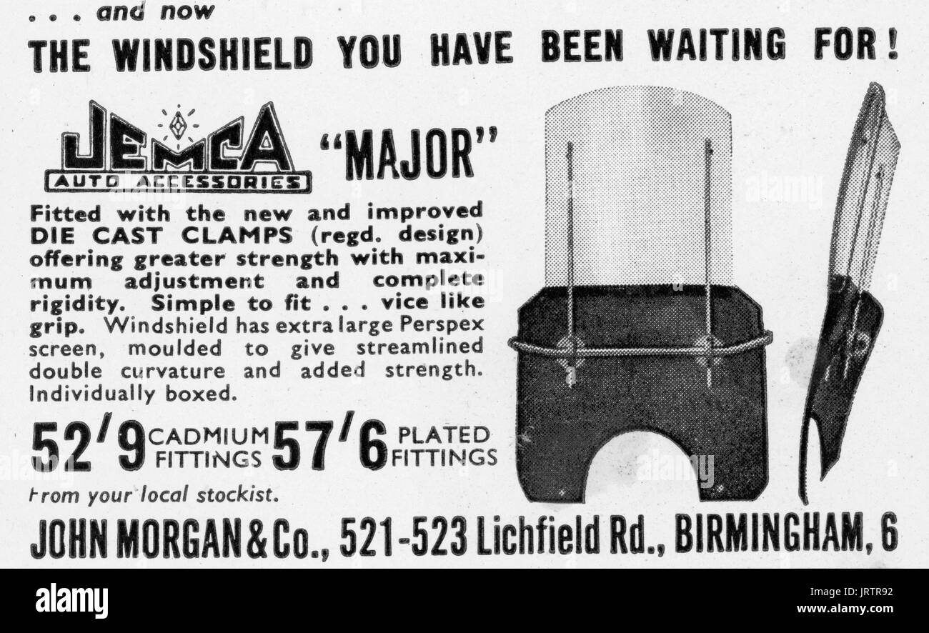 Jemca Windshield advert 1953 Stock Photo - Alamy