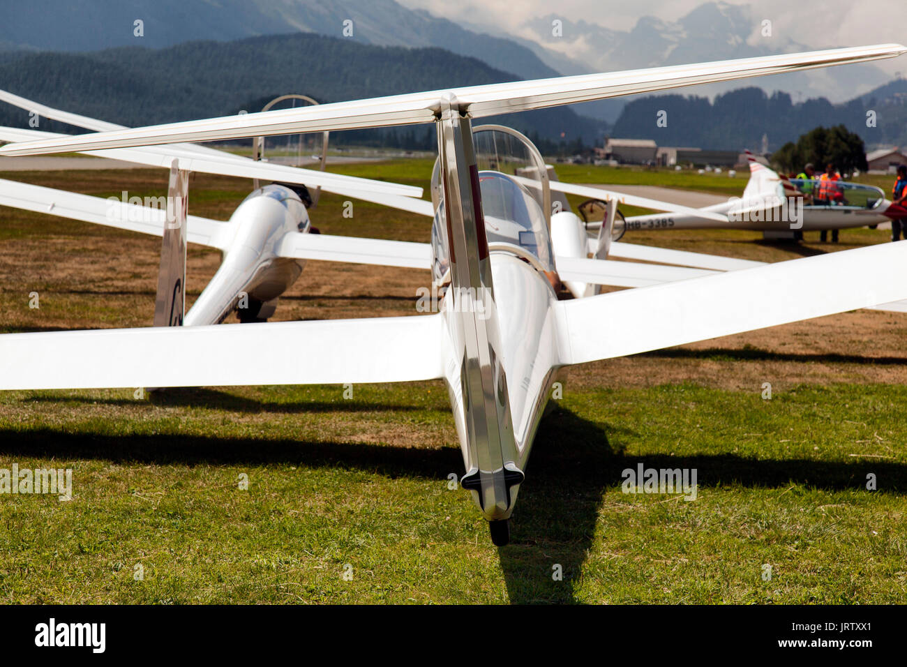 Gliders getting ready to fly in the mountains of St MORITZ Stock Photo ...