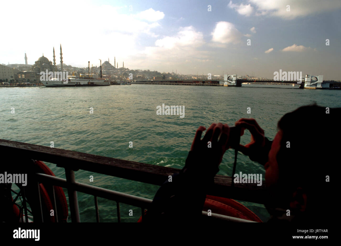 Inside ferry from Üskudar to Eminönü, turkish flag, Istambul, Turkey ...
